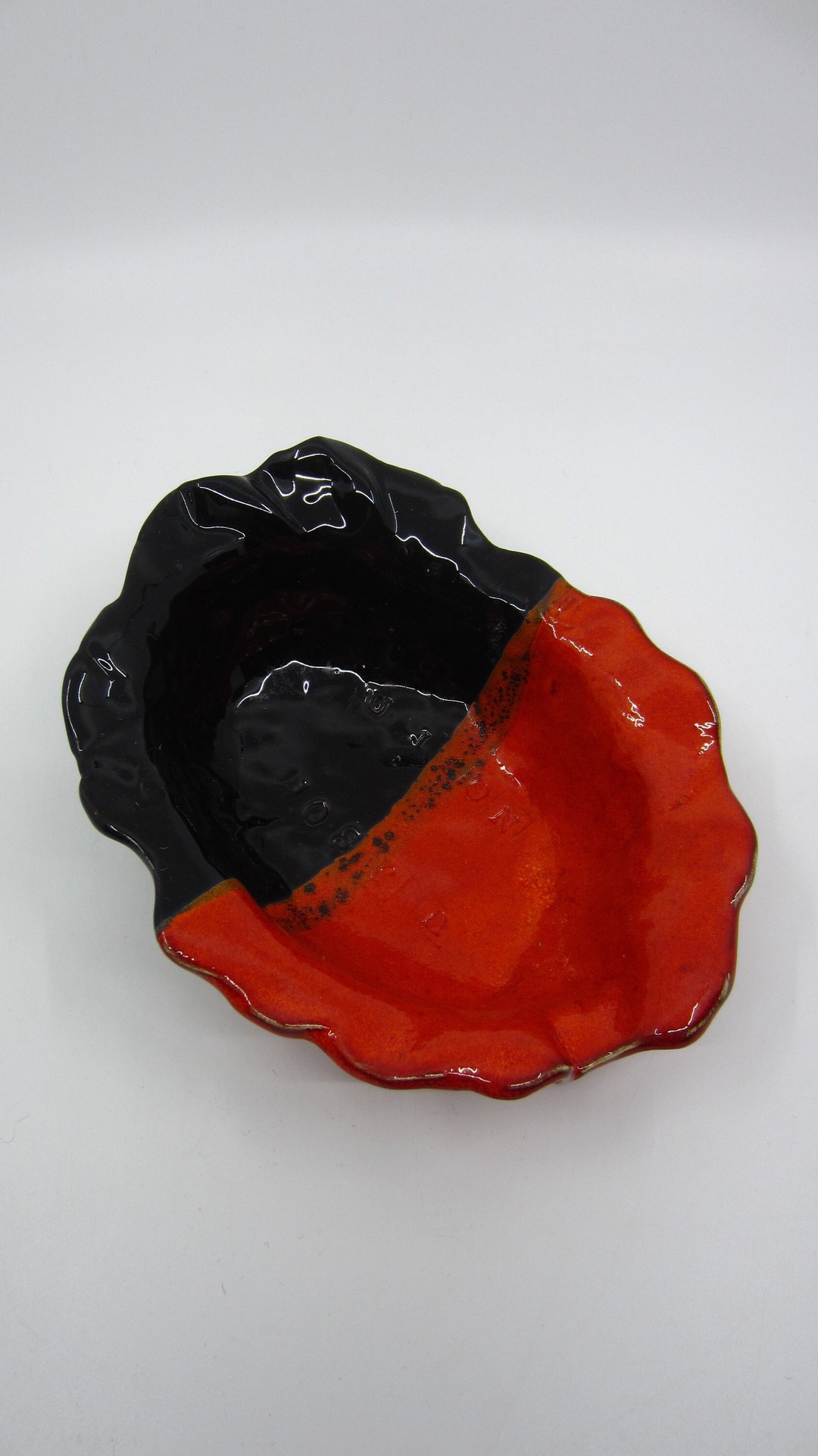 Funky Orange & Black Studio Pottery Bowl Wavy Design Impressed Letter ...