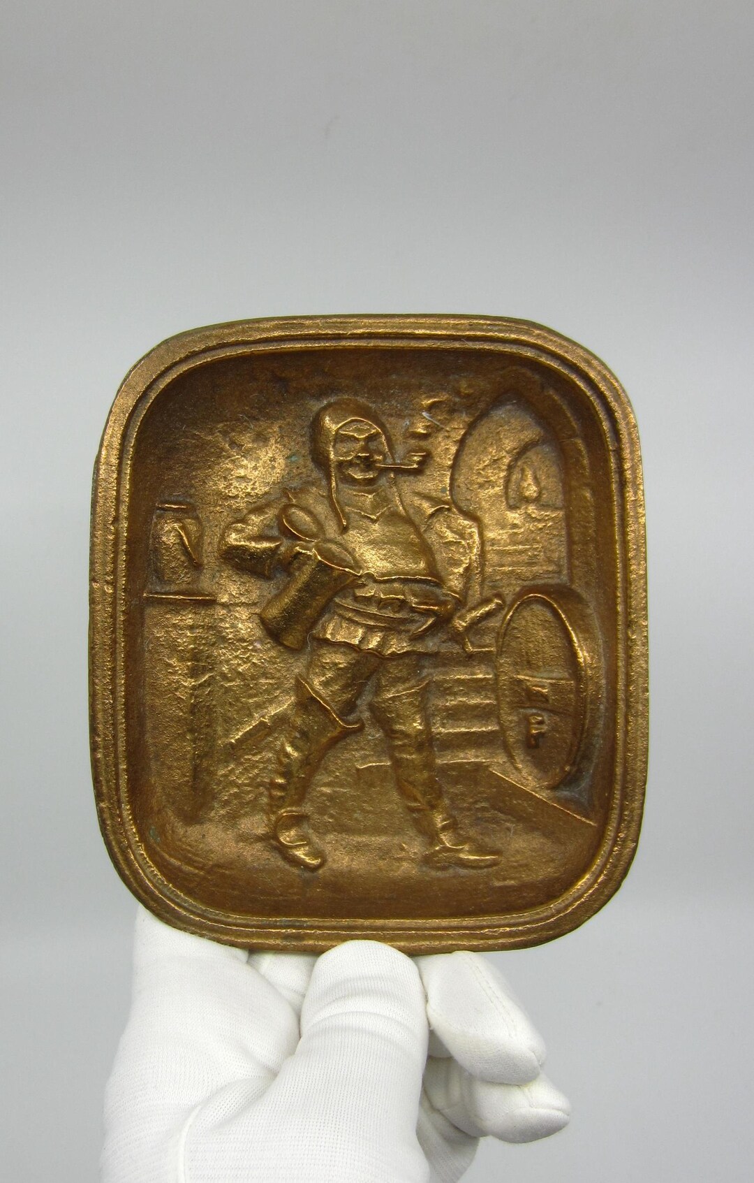 Vintage German Small Brass Tray With Relief Decor Medieval Soldier With ...