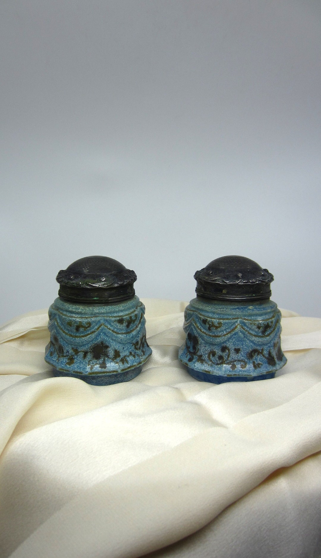 Pair of Antique Blue Glass Toilet Jars Silverplated Lids With Repousse ...