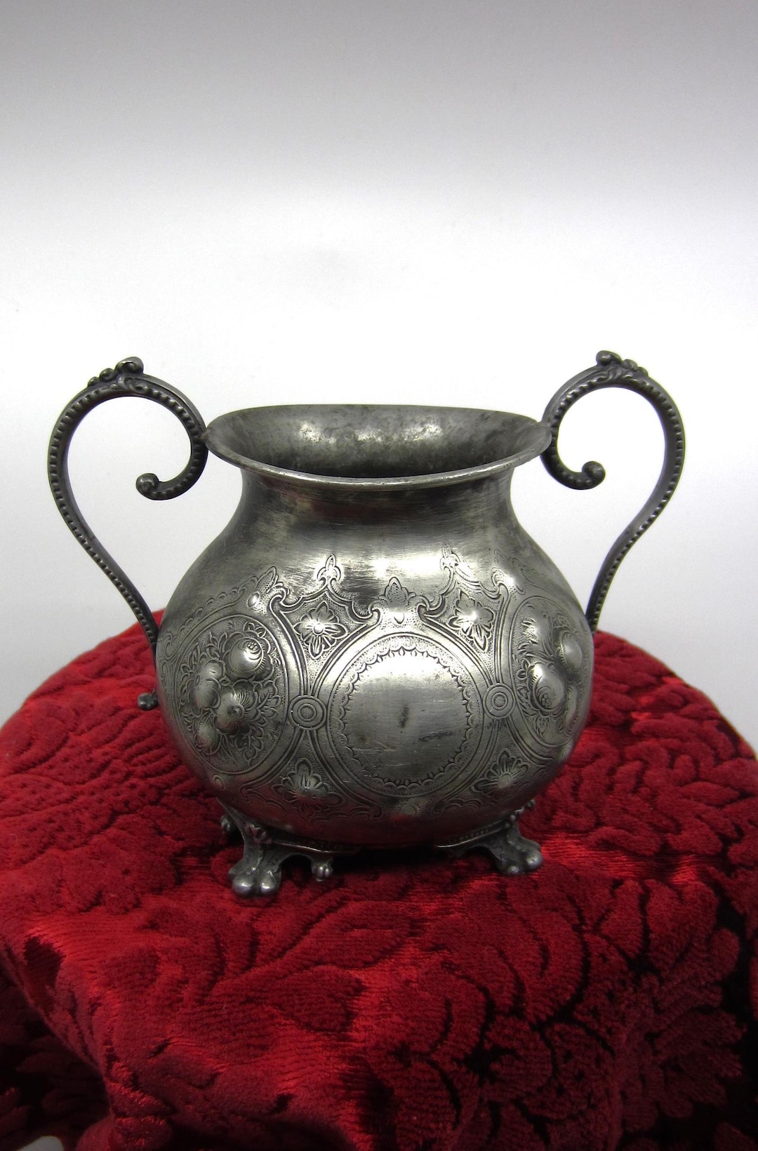 Antique British Decorative Pewter Pot / Vase / Planter Scroll Handles ...
