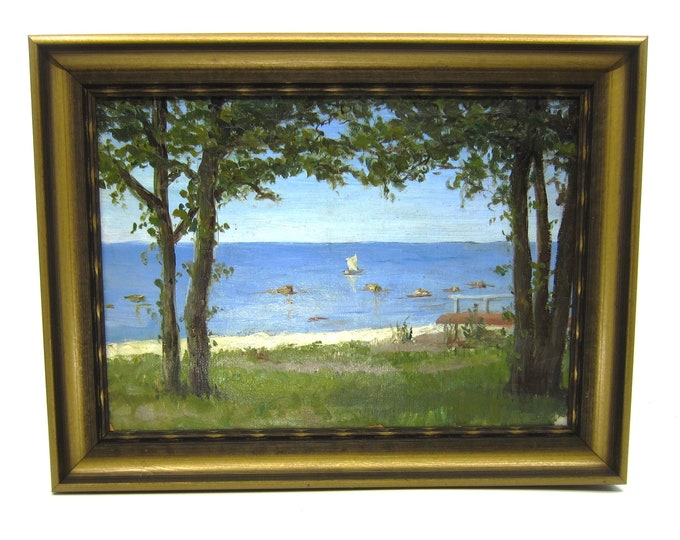 Antique Swedish Elin Molin Small Oil on Canvas Painting Sea Landscape ...
