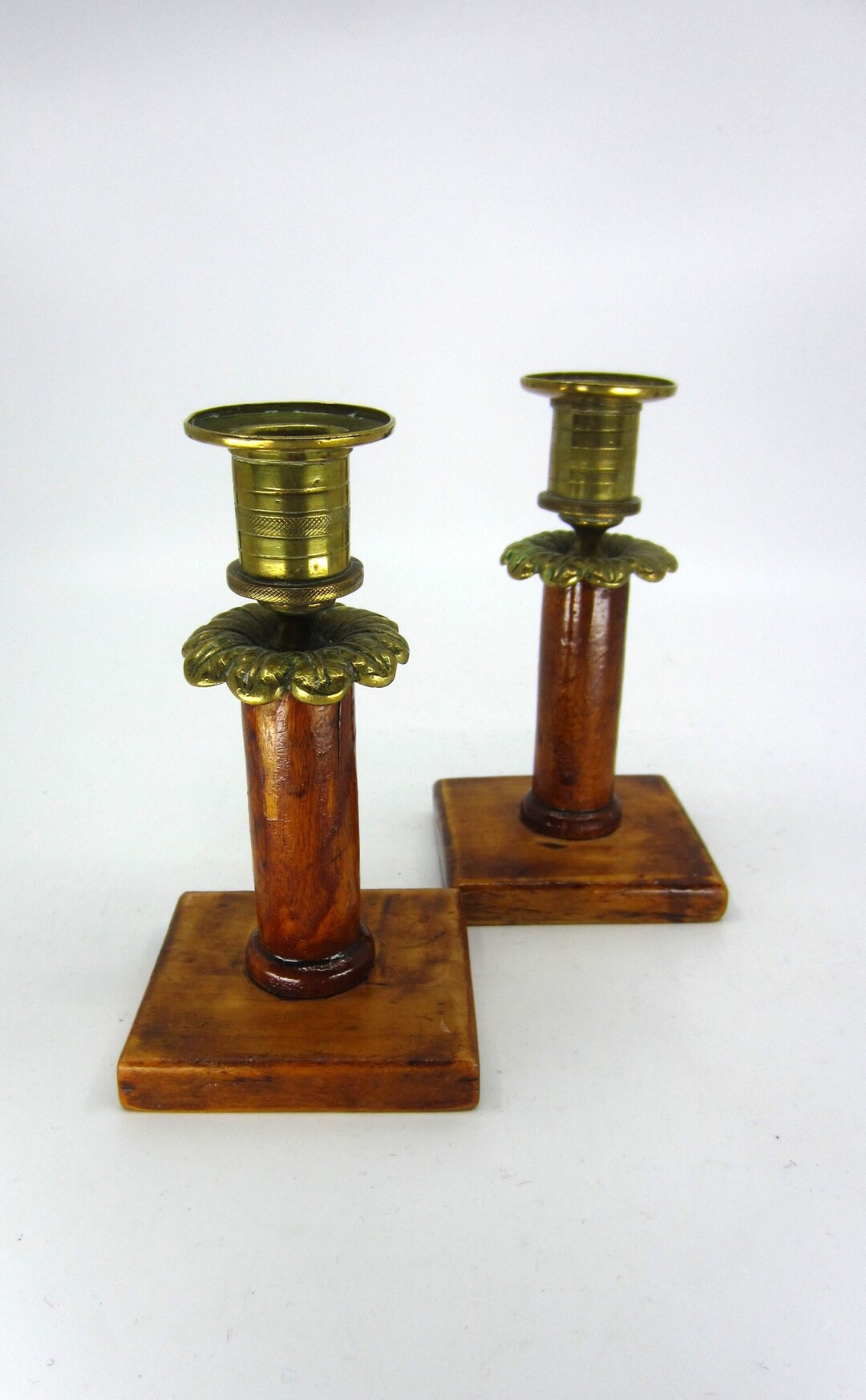 Pair of Antique Swedish (?) Brass or Bronze and Lacquered Wood Candle ...