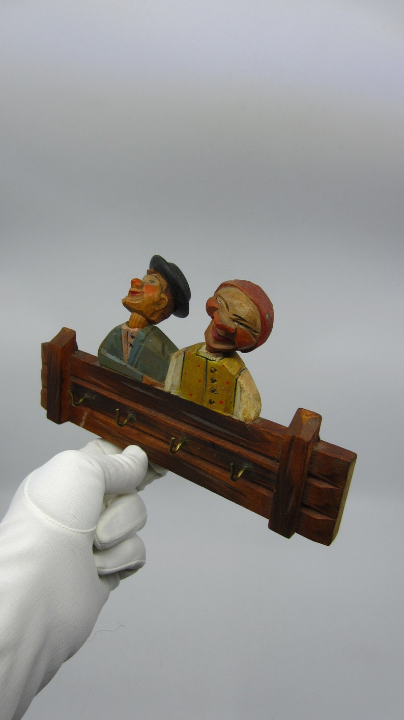 Vintage Italian Anri Hand Carved Wooden Key Rack Bobble Heads Old Man ...