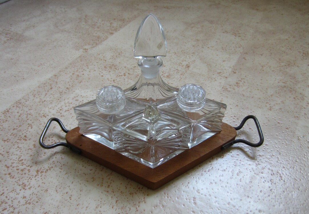 Vintage Glass Condiment Set / Vinaigrette Set / Cruet Set on a Wooden ...
