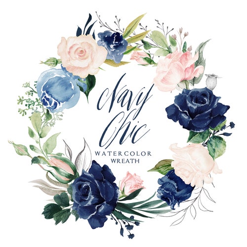 60 Navy and Blush Flower Floral Greenery Clipart Wedding - Etsy