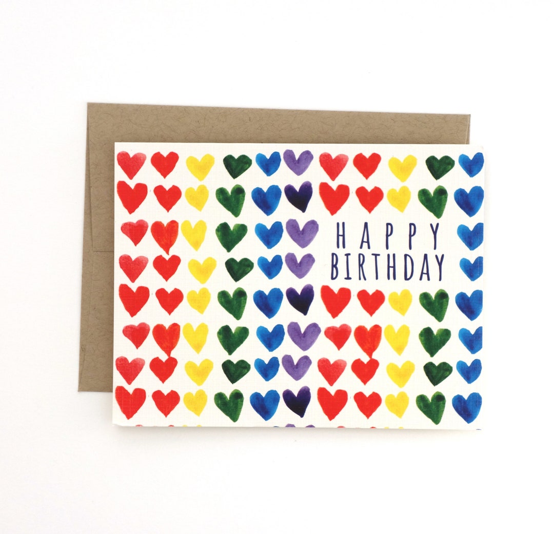 Rainbow Hearts Birthday Card - Watercolored Colorful Happy Birthday ...