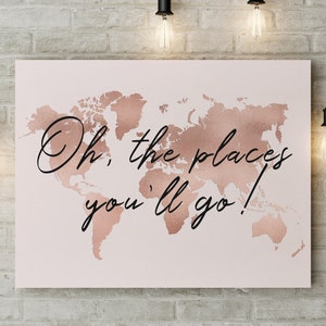 Rose Gold World Map Quote Print - Digital or Giclee Print - Map of the ...