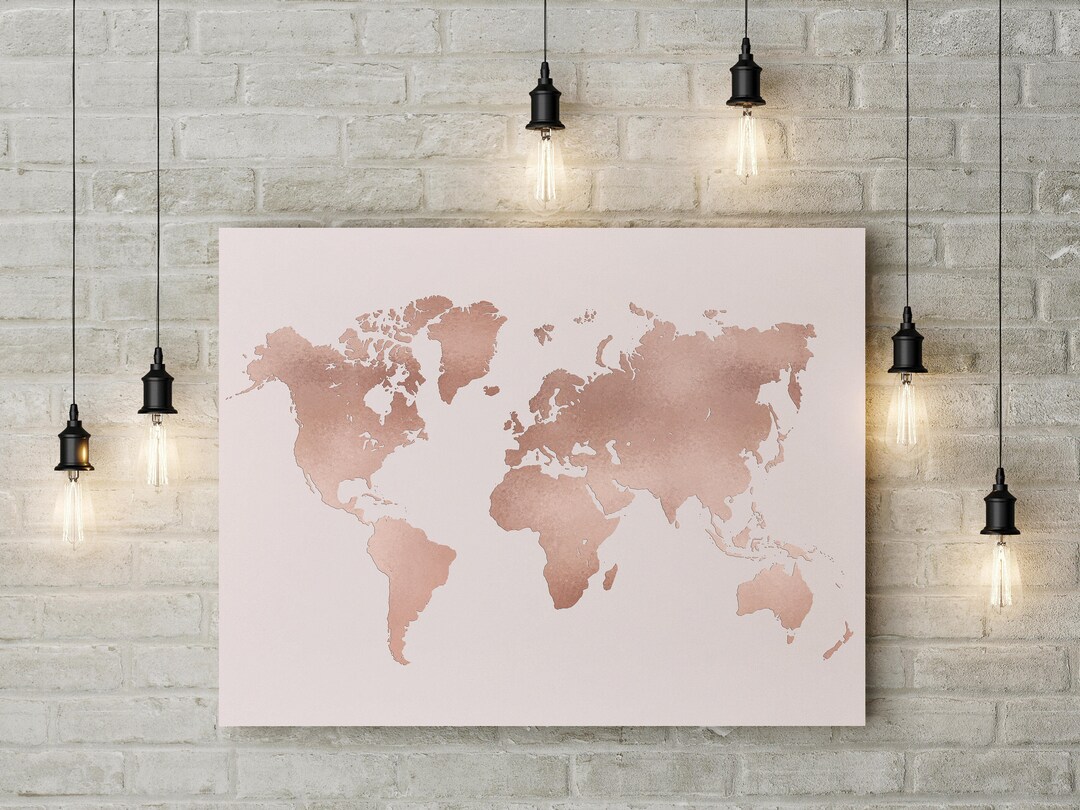 Rose Gold World Map Quote Print - Digital or Giclee Print - Map of the ...