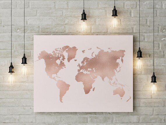 Rose Gold World Map Quote Print Digital or Giclee Print | Etsy