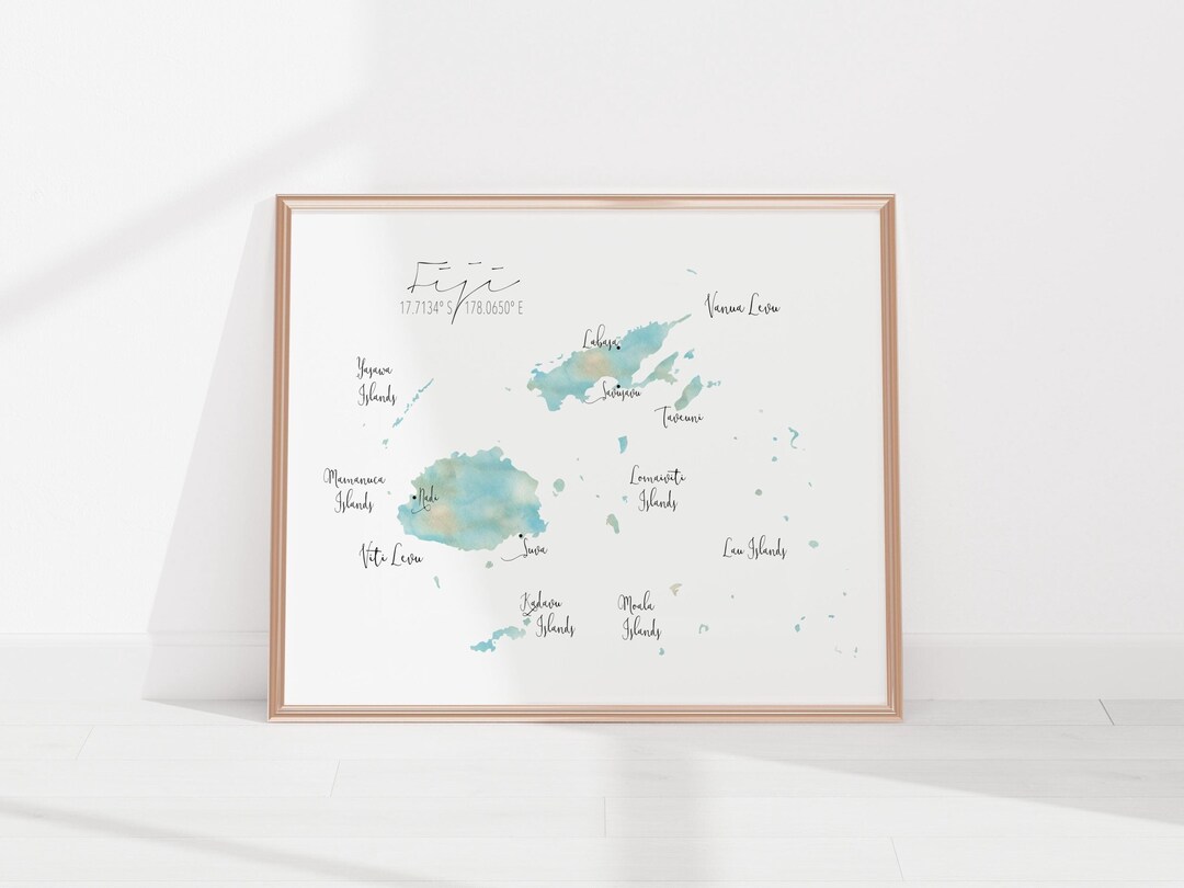 Fiji Labelled Watercolour Map, Honeymoon Gift, Gift for Her, Map of ...