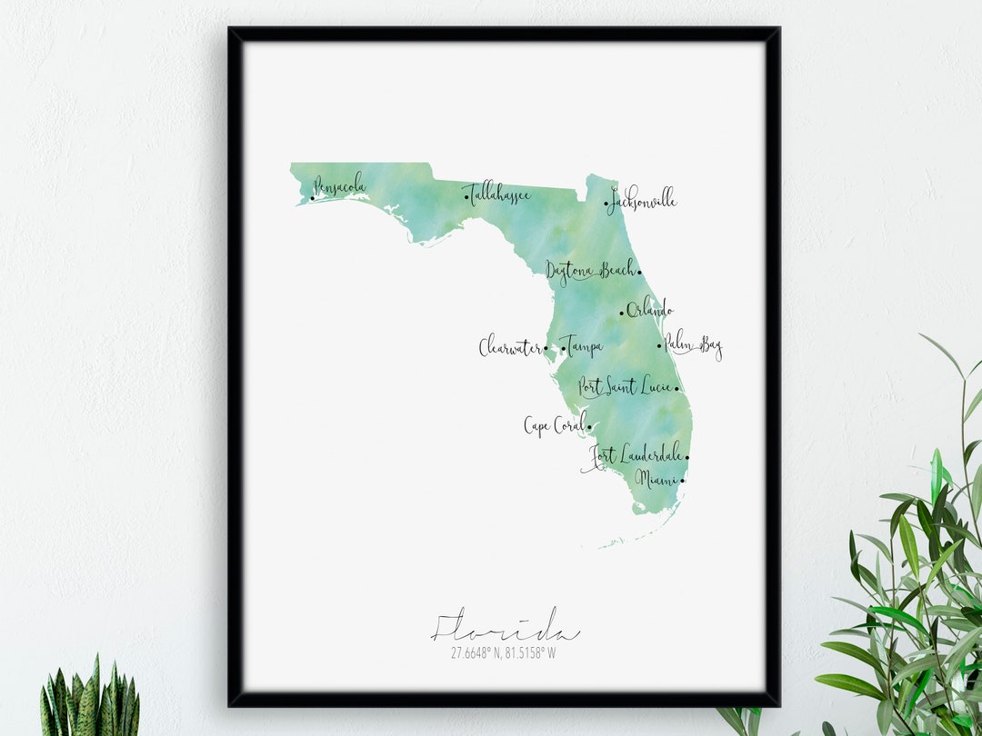 Florida Map Portrait / USA Map Labelled Watercolour / Digital or ...