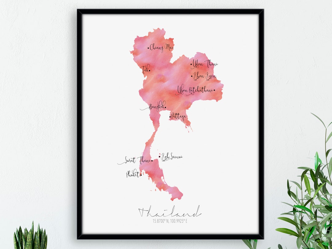 Thailand Map Portrait / Labelled Watercolour / Digital or Printed Wall ...