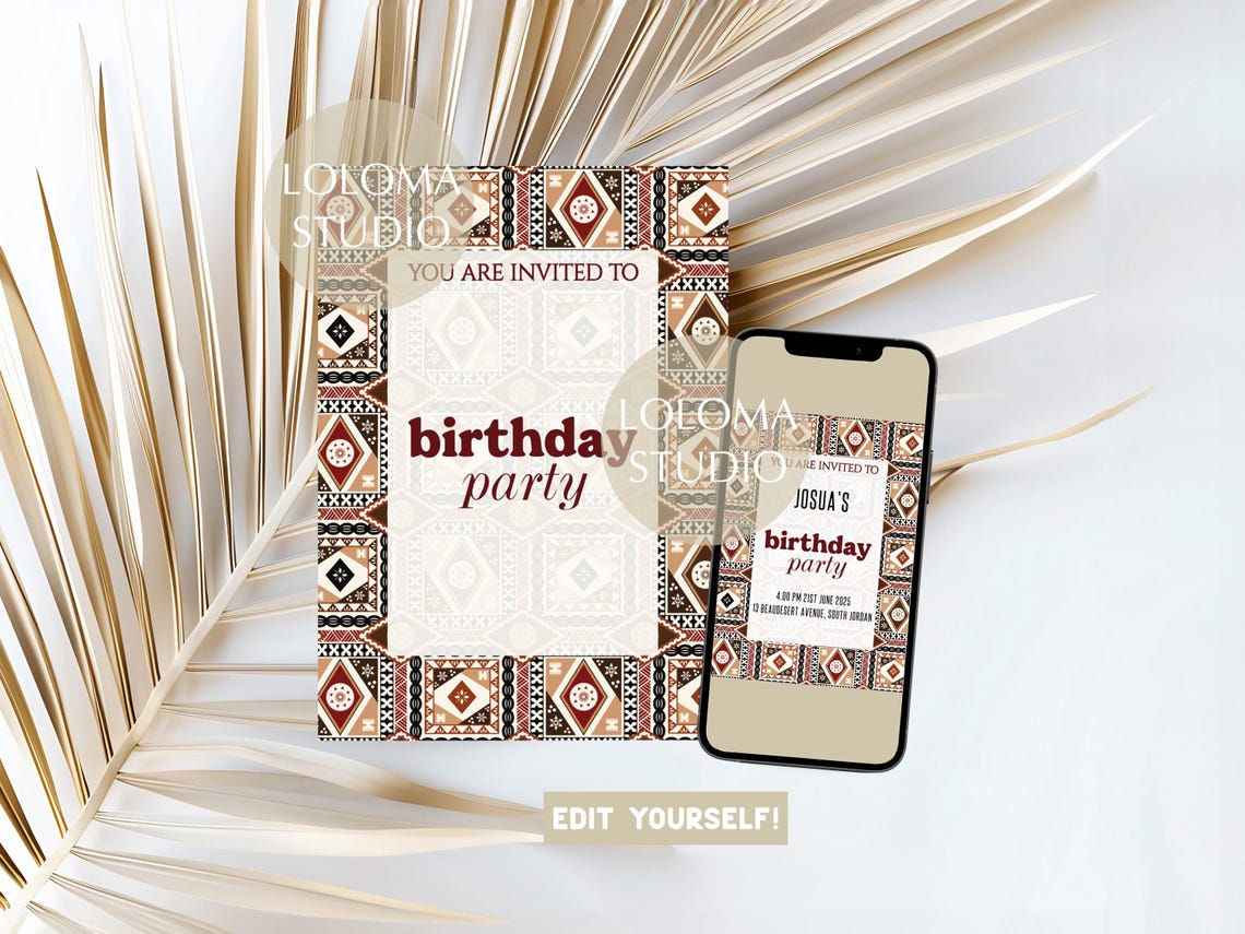 Tapa Masi Nesian Birthday Invitation Blank Printable - Josua Pattern ...