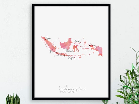 Indonesia Map Portrait / Labelled Watercolour / Digital or - Etsy