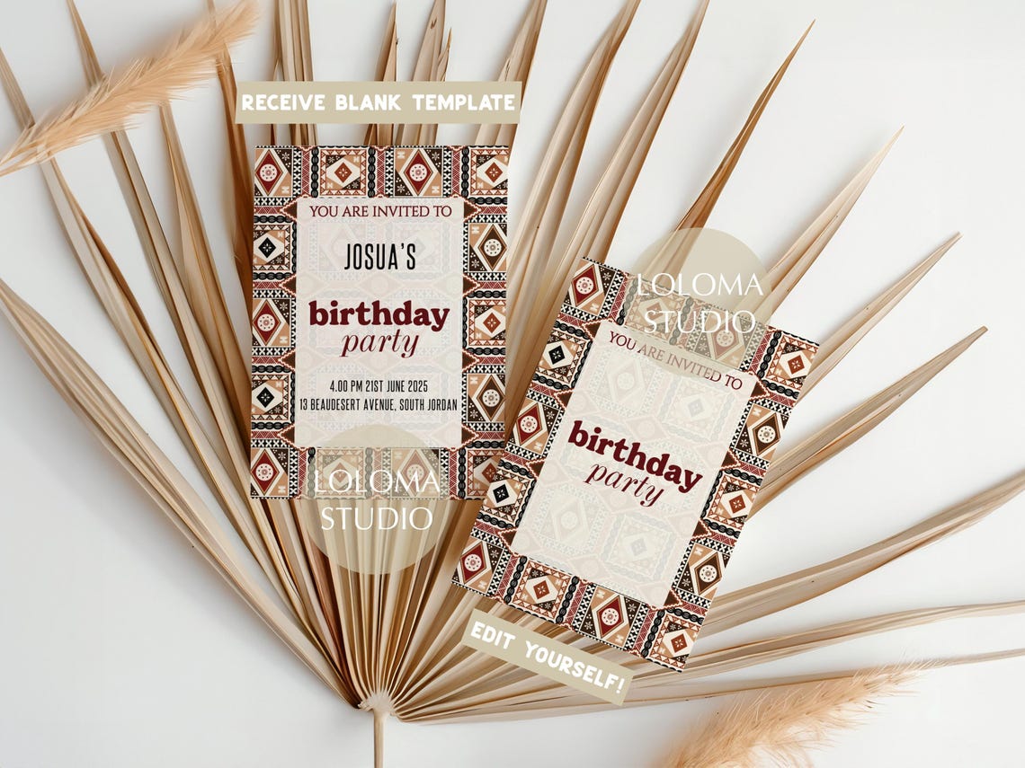 Tapa Masi Nesian Birthday Invitation Blank Printable - Josua Pattern ...