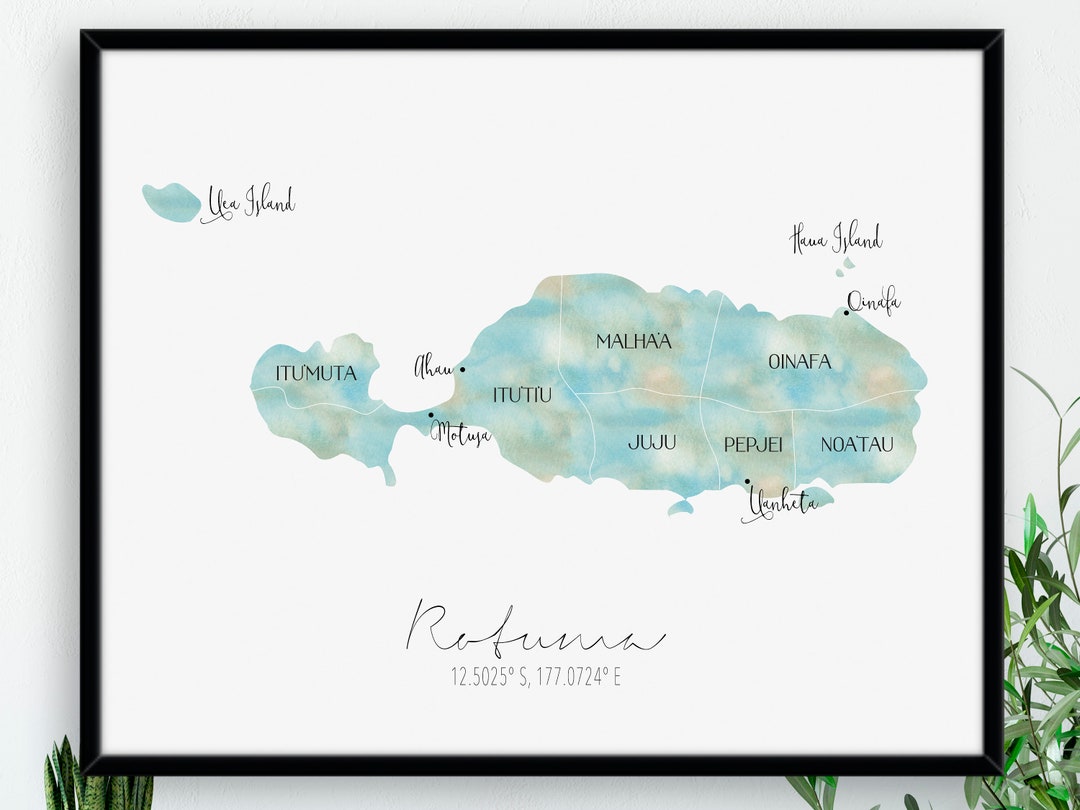 Rotuma Map Districts / Labelled Watercolour / Digital or Printed Wall ...