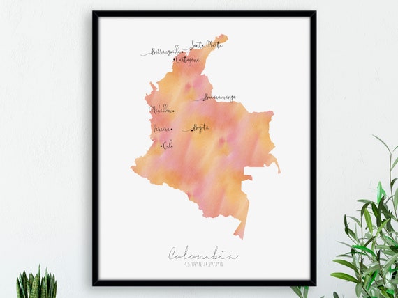 Colombia Map Portrait / Labelled Watercolour / Digital or | Etsy