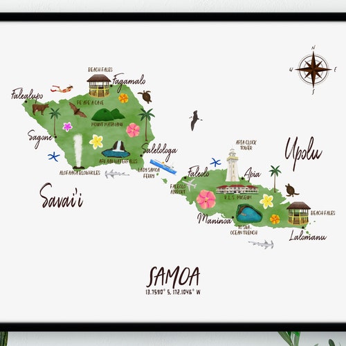 Samoa Map / Labelled Watercolour / Digital or Printed Wall Art - Etsy
