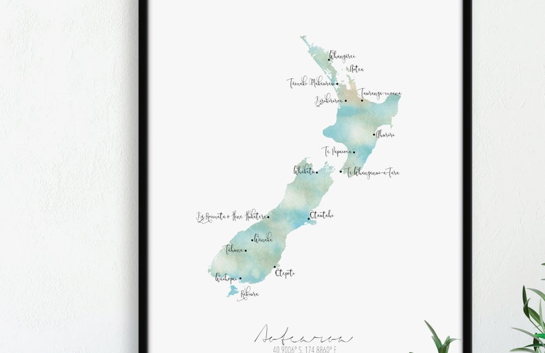 Aotearoa Map Portrait / Maori Place Names / Labelled Watercolour ...