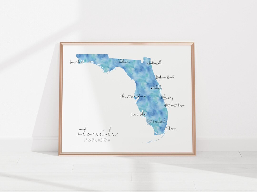 Florida Map / USA Map / Labelled Watercolour / Digital or Printed Wall ...