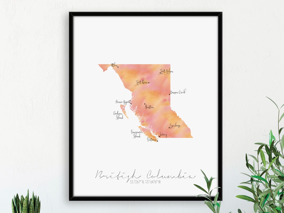 British Columbia Canada Map Portrait / Labelled Watercolour / Digital ...