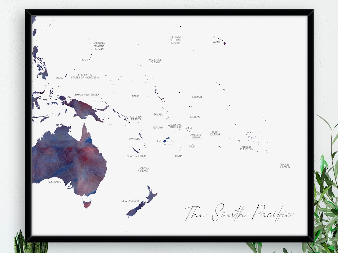 The South Pacific Map / Labelled Watercolour / Digital or | Etsy