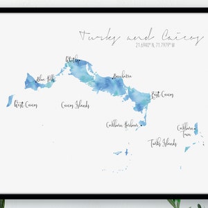 Turks and Caicos Map / Labelled Watercolour / Caribbean Digital or ...