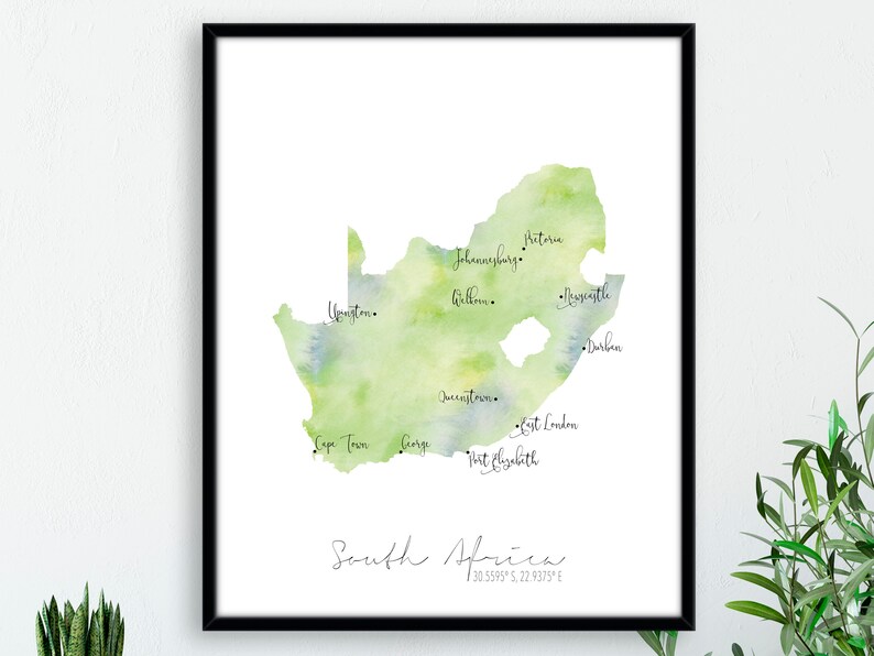 South Africa Map Portrait / Africa Labelled Watercolour / | Etsy