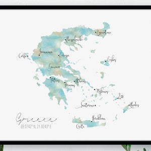 Greece Map / Labelled Watercolour / Digital or Printed Wall Art / Large ...