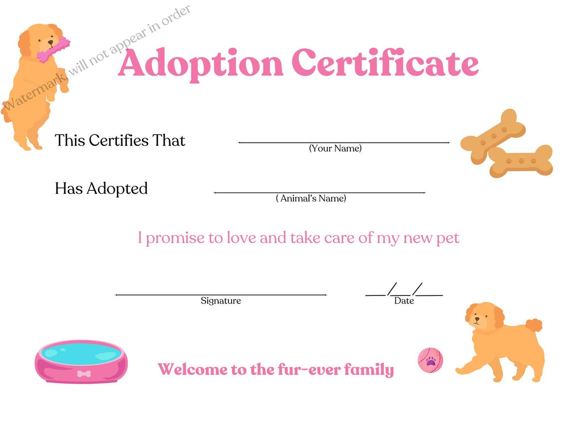 DOG CERTIFICATE of Adoption, Printable Dog Adoption Certificate, Puppy ...