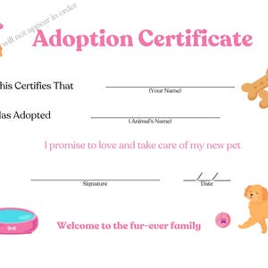 DOG CERTIFICATE of Adoption, Printable Dog Adoption Certificate, Puppy ...