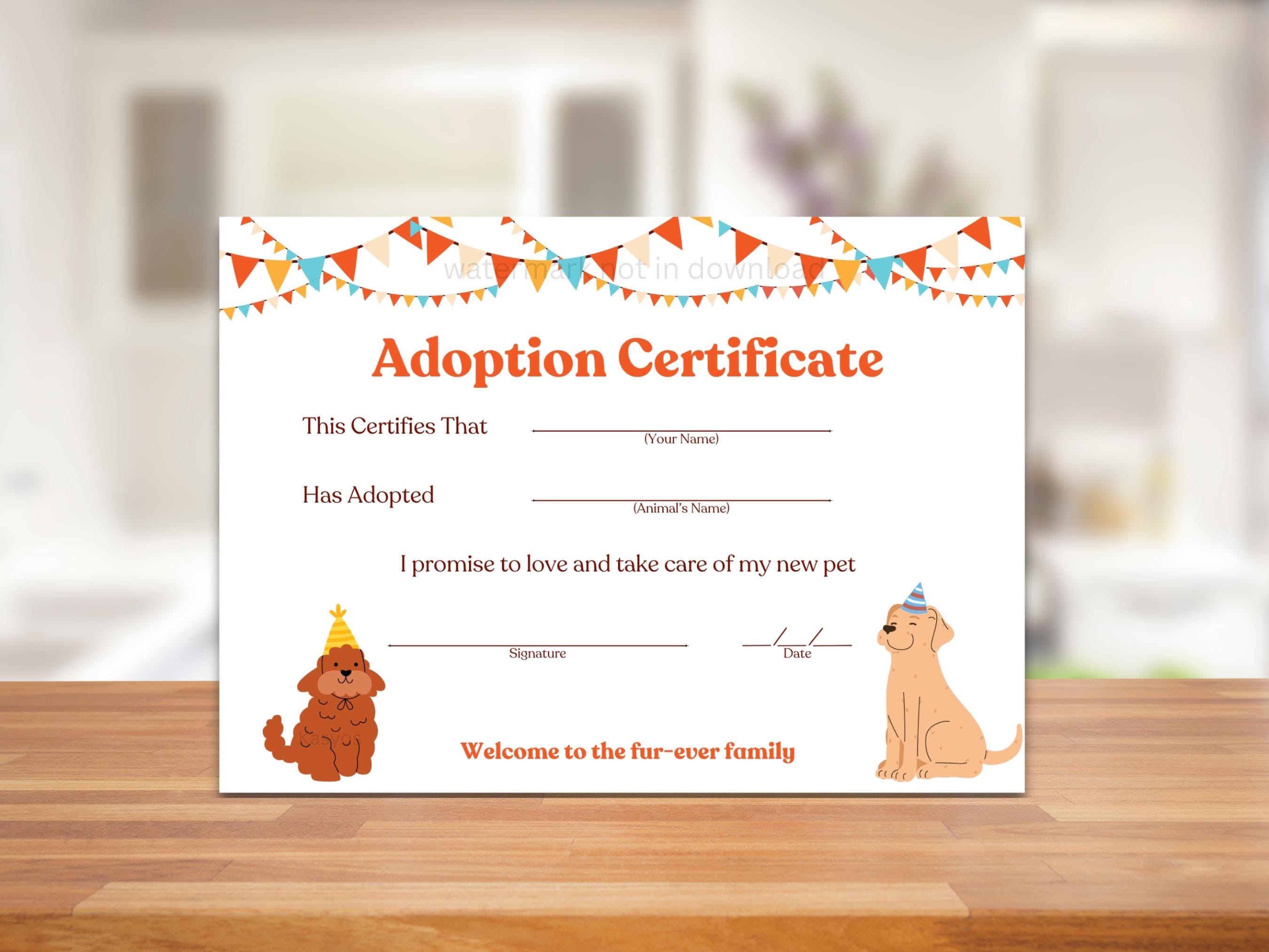 DOG CERTIFICATE of Adoption, Printable Dog Adoption Certificate, Puppy ...