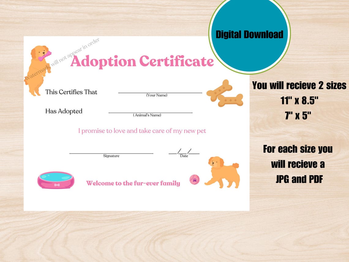 DOG CERTIFICATE of Adoption, Printable Dog Adoption Certificate, Puppy ...