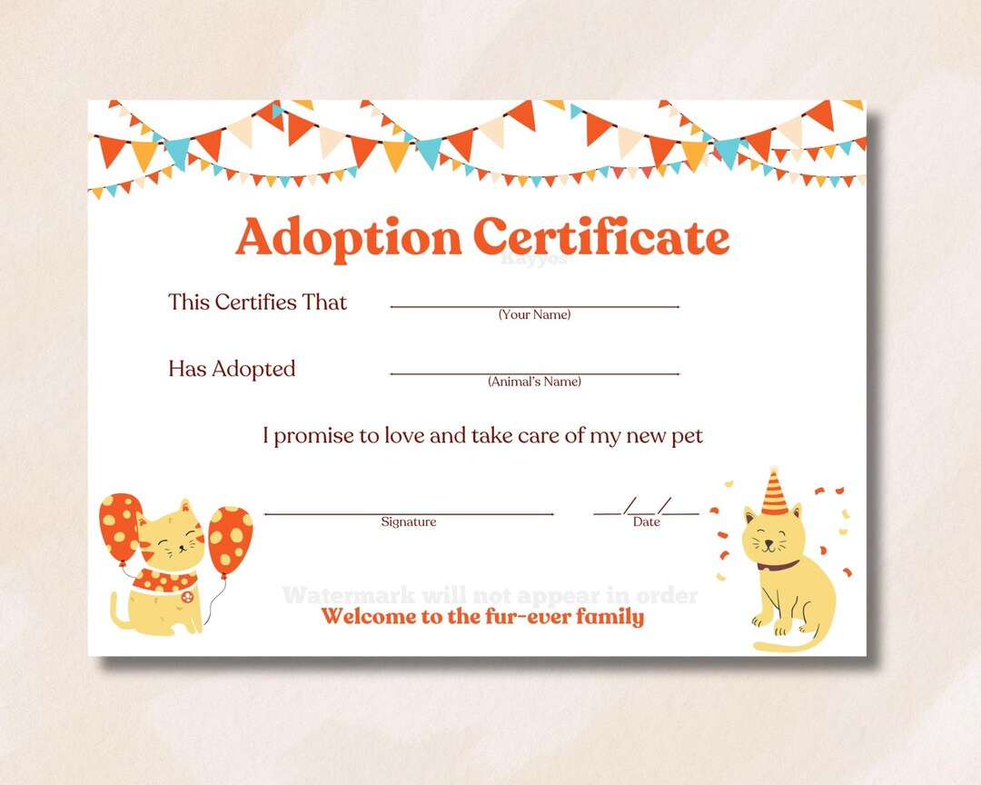 Kitten CERTIFICATE of Adoption, Printable Cat Adoption Certificate ...