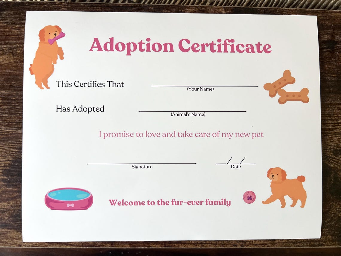 DOG CERTIFICATE of Adoption, Printable Dog Adoption Certificate, Puppy ...