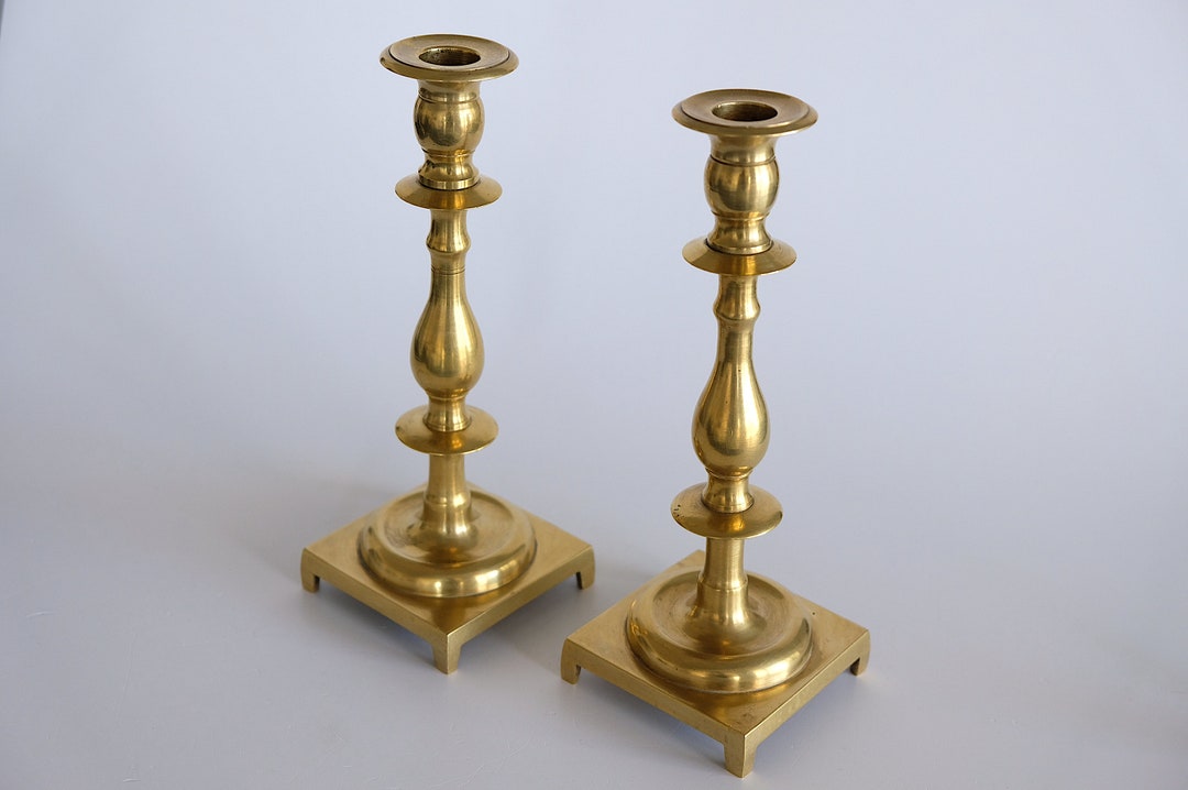Pair of Antique Candlesticks, Rectangular Base, Feet, Solid Bronze ...