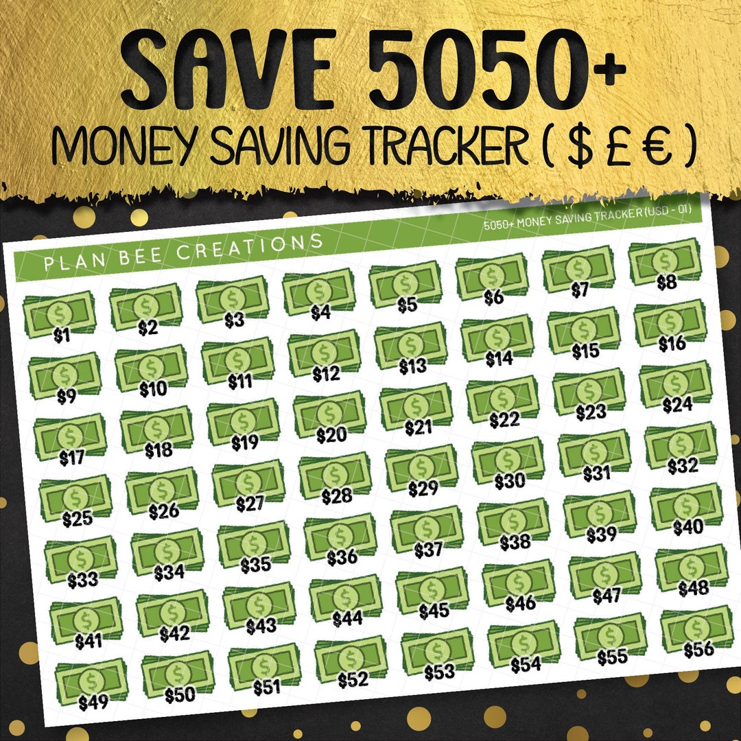 Save 5050+ Money Challenge Tracker Stickers, Dollar Pound Euro, 100 ...