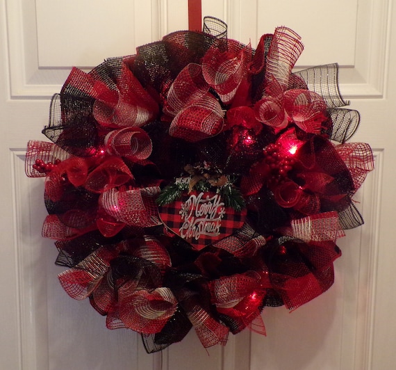 Merry Christmas Buffalo Plaid Deco Mesh Wreath | Etsy
