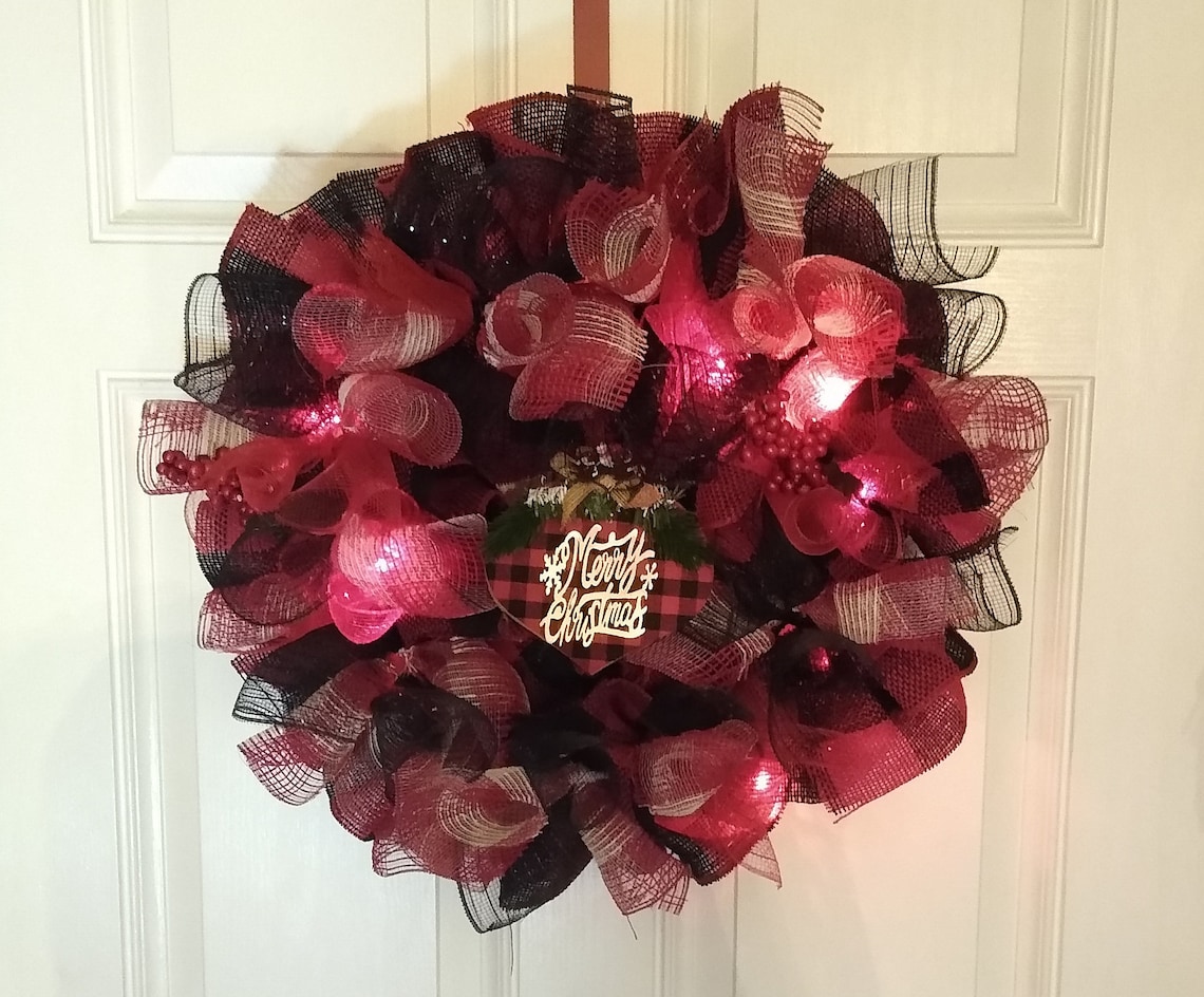Merry Christmas Buffalo Plaid Deco Mesh Wreath - Etsy
