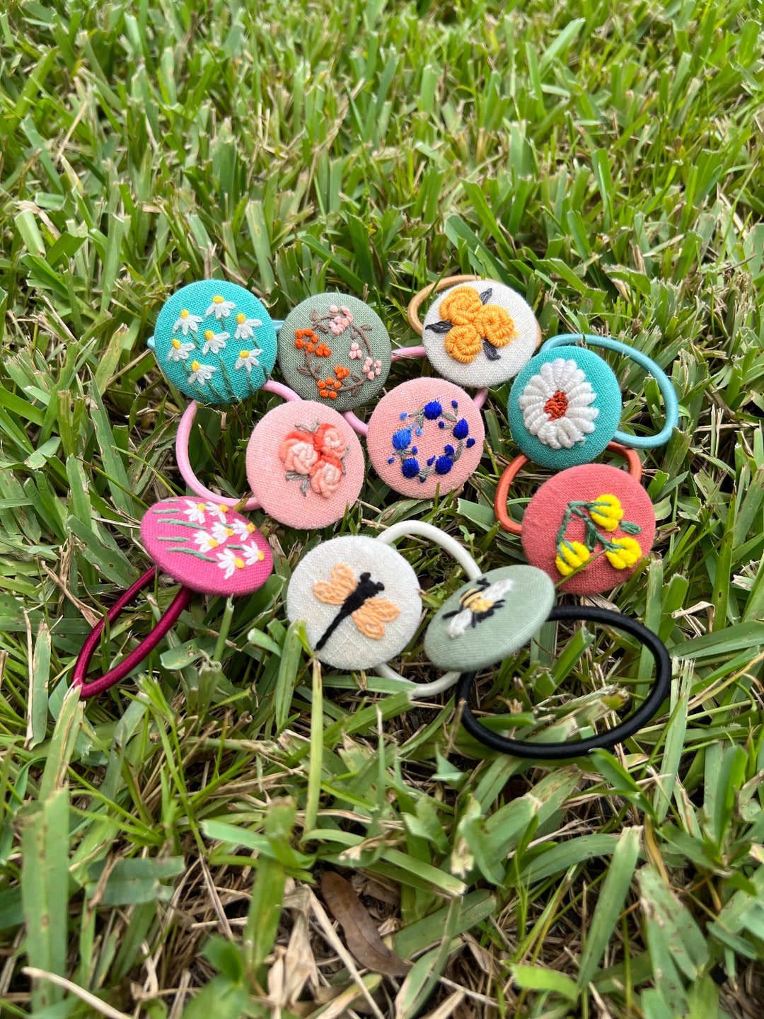 Linen Hand Embroidered Hair Ties/ Handmade Hair Tie/ Linen Handmade ...