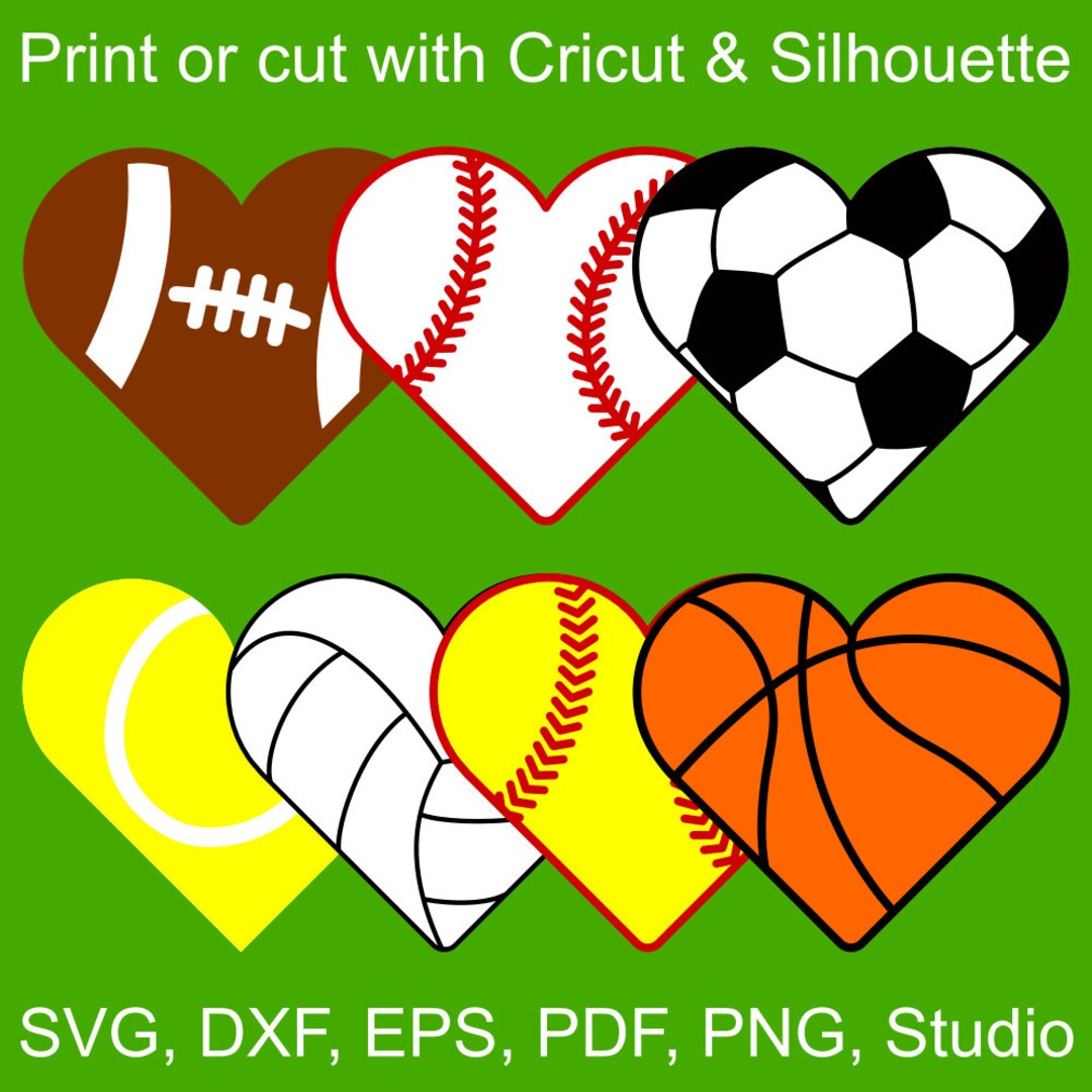 7 Sports Hearts SVG Files for Cricut & Silhouette, Heart Ball SVG Cut ...