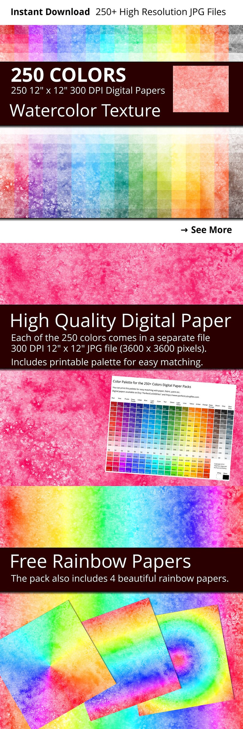 Watercolor Texture Digital Paper Pack 250 Colors Digital | Etsy