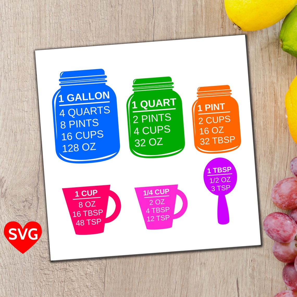 Colorful Measuring Cups SVG and Printable Kitchen Conversion - Etsy