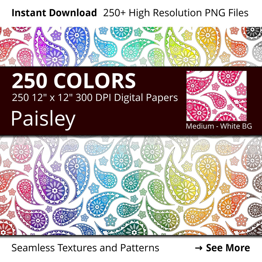 White Background Paisley Digital Paper Pack, 250 Colors Floral Digital ...