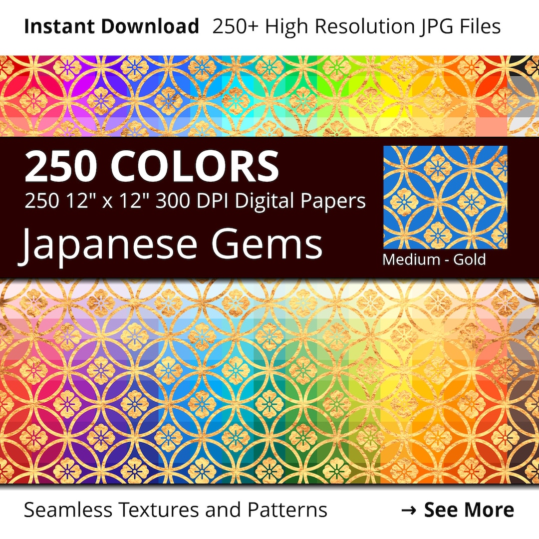 Japanese Gems Gold Digital Paper Pack, 250 Colors Digital Paper Gold ...