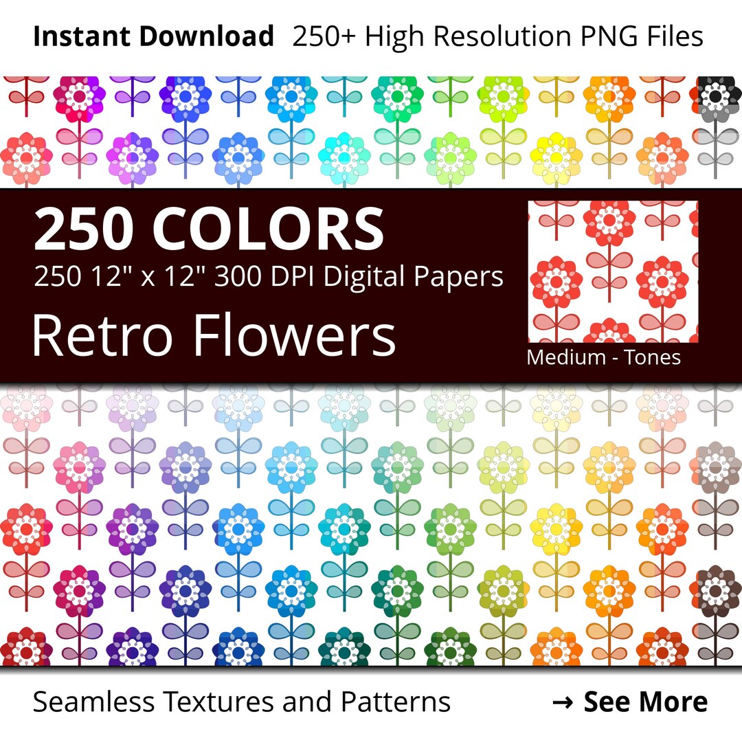 Retro Flowers Digital Paper Pack, 250 Colors Floral Digital Paper ...
