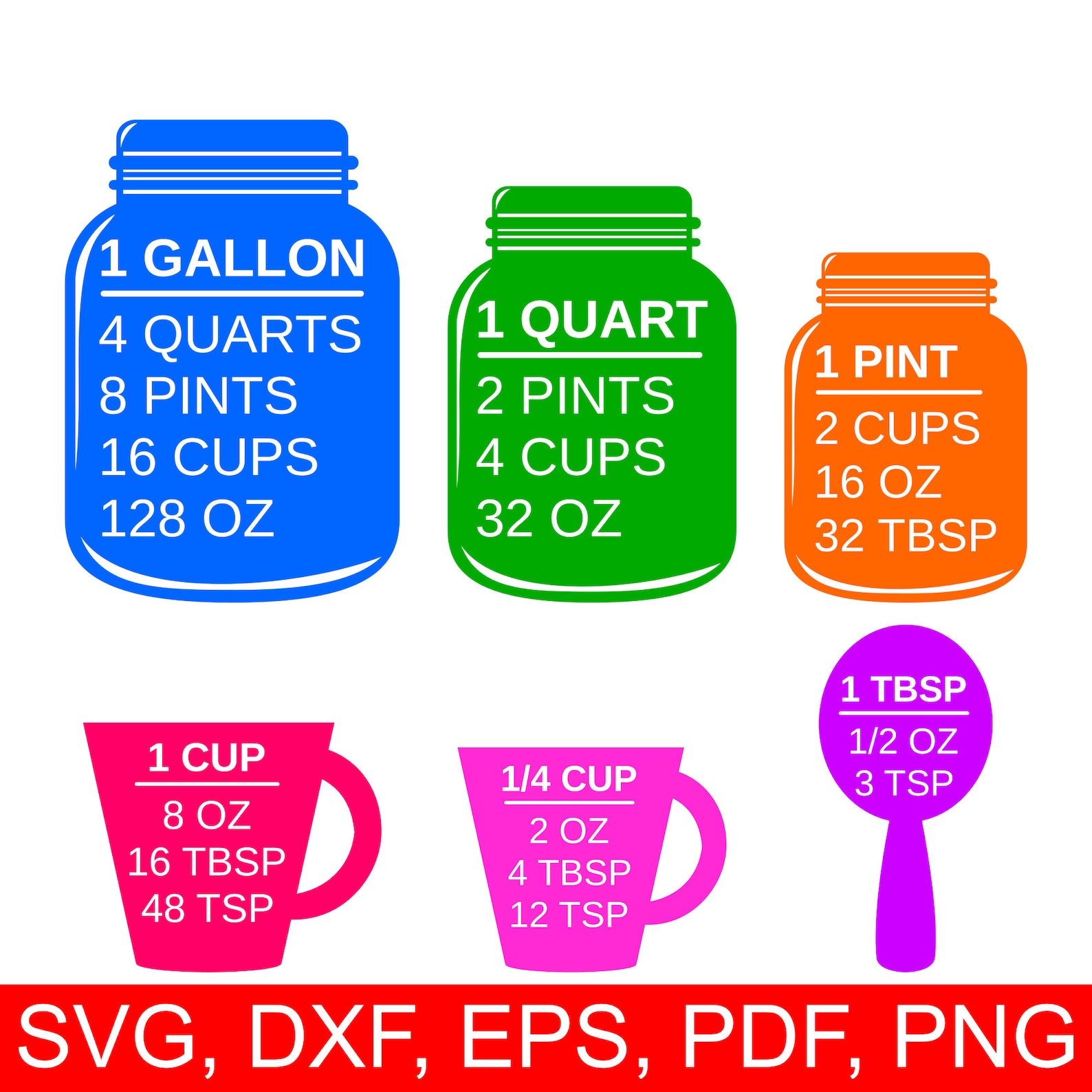 Colorful Measuring Cups SVG and Printable Kitchen Conversion Chart ...