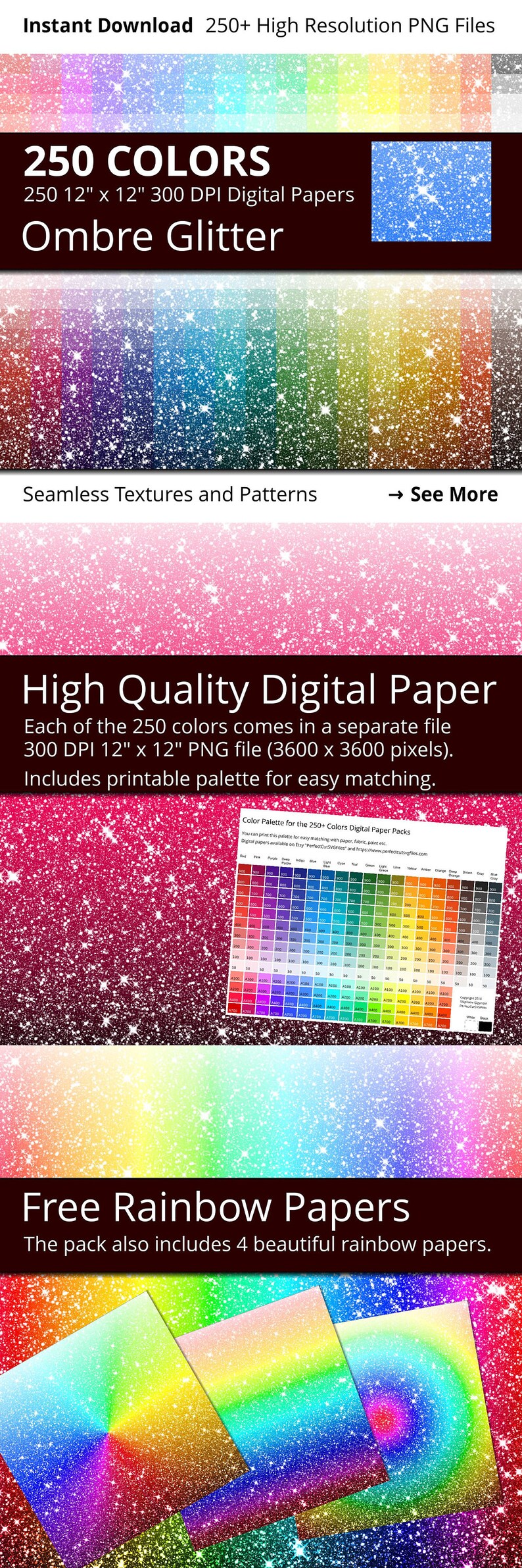 Ombre Glitter Digital Paper Pack, 250 Colors Digital Glitter Ombre ...