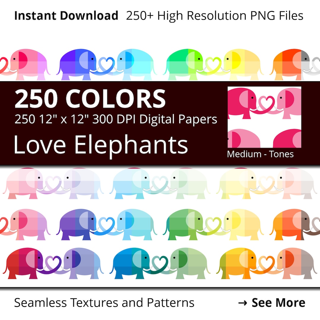 Love Elephants Digital Paper Pack, 250 Colors Digital Paper Elephant ...