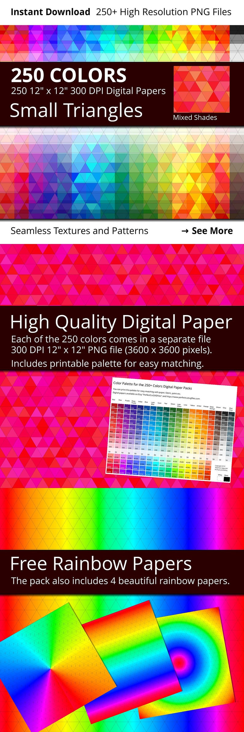 Small Triangles Digital Paper Pack, 250 Colors Mixed Shades Triangular ...